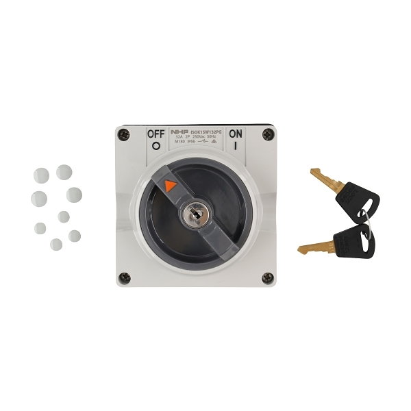 NHP ISO Surface Switch - Key, Lock in OFF, 2 Pole 32A 250V AC, w/o Base ...