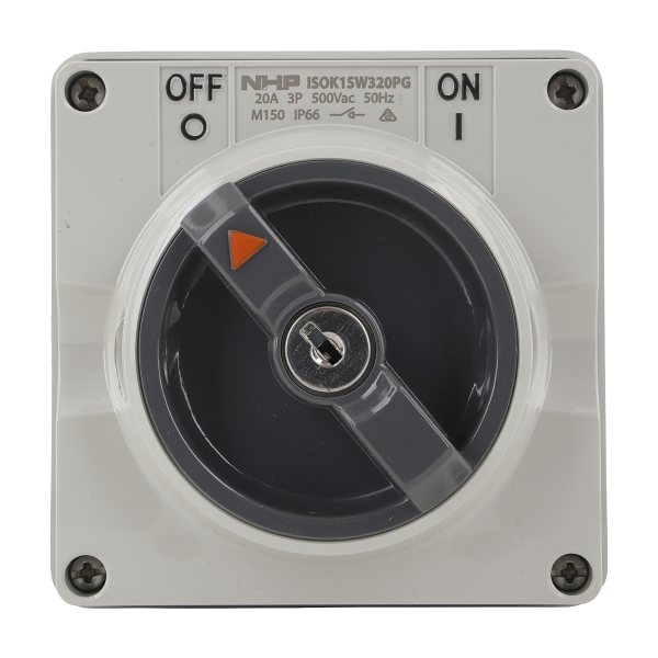 NHP ISO Surface Switch - Key, Lock in OFF, 3 Pole 20A 500V AC, w/ Base, Grey