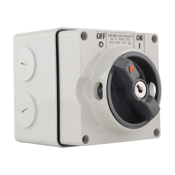 NHP ISO Surface Switch - Key, Lock in OFF, 3 Pole 20A 500V AC, w/ Base, Grey