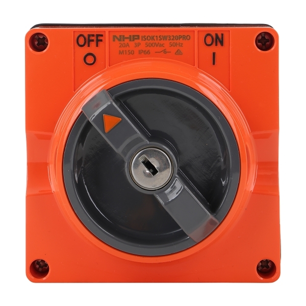 NHP ISO Surface Switch - Key, Lock in OFF, 3 Pole 20A 500V AC, w/o Base, Resistant Orange