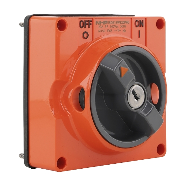 NHP ISO Surface Switch - Key, Lock in OFF, 3 Pole 20A 500V AC, w/o Base, Resistant Orange