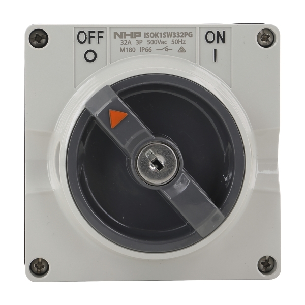 NHP ISO Surface Switch - Key, Lock in OFF, 3 Pole 32A 500V AC, w/o Base, Grey