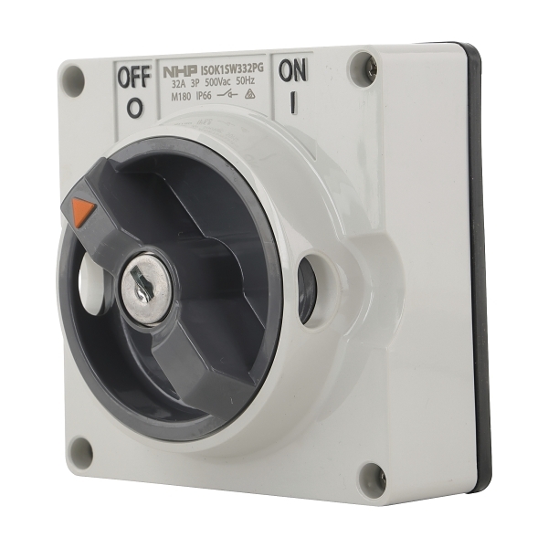 NHP ISO Surface Switch - Key, Lock in OFF, 3 Pole 32A 500V AC, w/o Base, Grey
