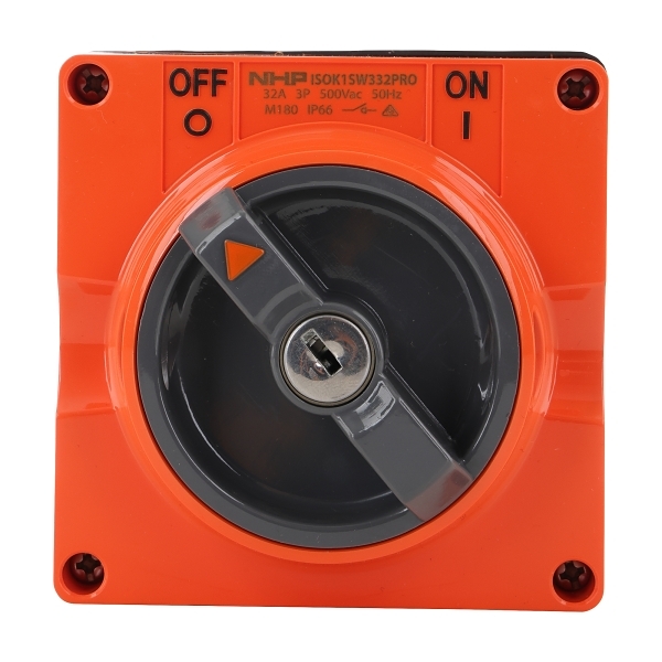 NHP ISO Surface Switch - Key, Lock in OFF, 3 Pole 32A 500V AC, w/o Base, Resistant Orange