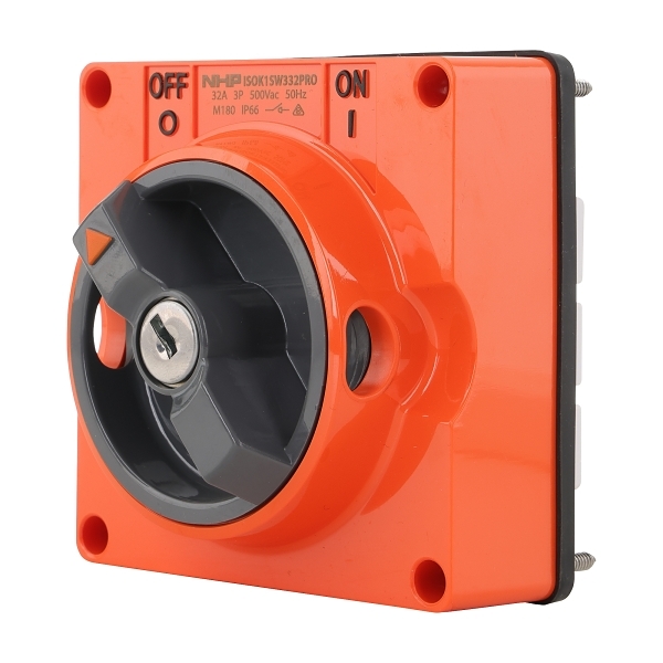 NHP ISO Surface Switch - Key, Lock in OFF, 3 Pole 32A 500V AC, w/o Base, Resistant Orange