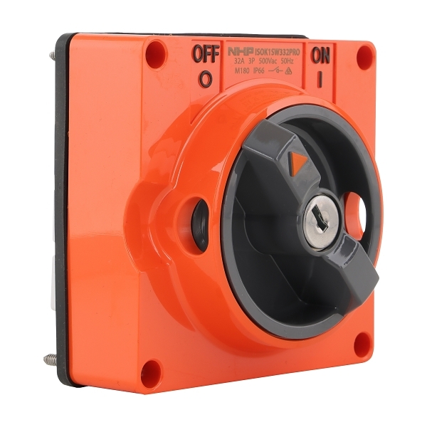 NHP ISO Surface Switch - Key, Lock in OFF, 3 Pole 32A 500V AC, w/o Base, Resistant Orange