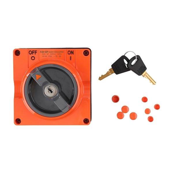 NHP ISO Surface Switch - Key, Lock in OFF, 3 Pole 32A 500V AC, w/o Base, Resistant Orange