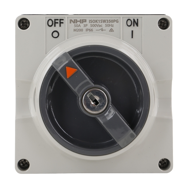 NHP ISO Surface Switch - Key, Lock in OFF, 3 Pole 50A 500V AC, w/o Base, Grey
