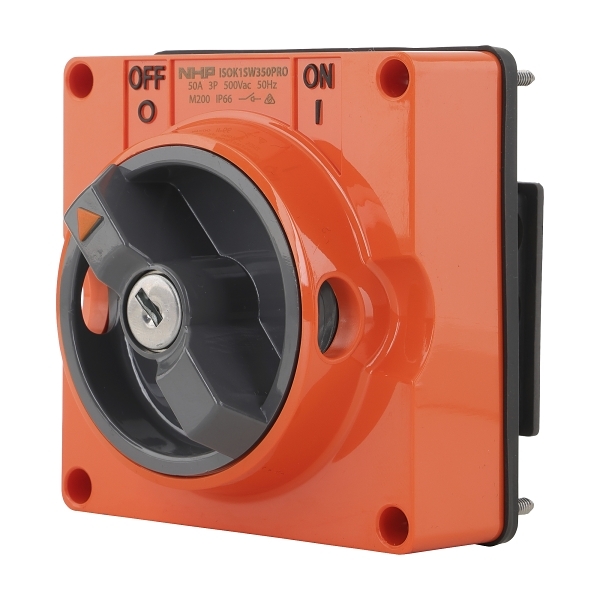 NHP ISO Surface Switch - Key, Lock in OFF, 3 Pole 50A 500V AC, w/o Base, Resistant Orange