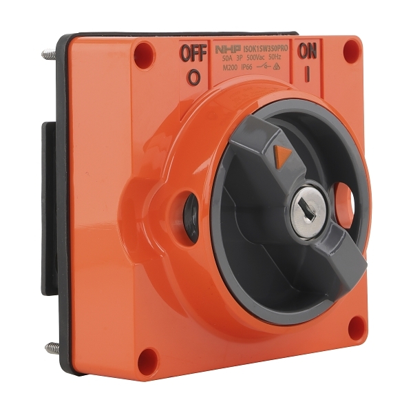 NHP ISO Surface Switch - Key, Lock in OFF, 3 Pole 50A 500V AC, w/o Base, Resistant Orange