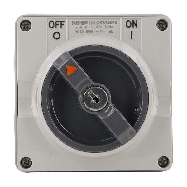 NHP ISO Surface Switch - Key, Lock in ON/OFF, 3 Pole 20A 500V AC, w/ Base, Grey