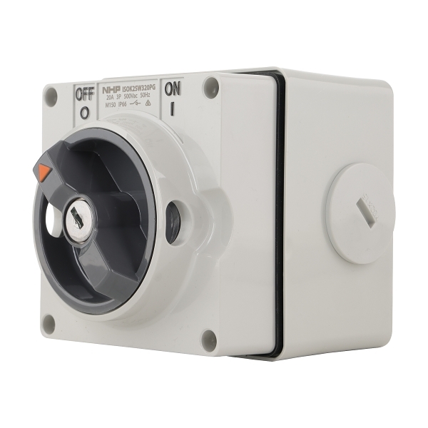 NHP ISO Surface Switch - Key, Lock in ON/OFF, 3 Pole 20A 500V AC, w/ Base, Grey