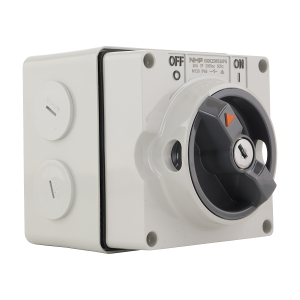 NHP ISO Surface Switch - Key, Lock in ON/OFF, 3 Pole 20A 500V AC, w/ Base, Grey