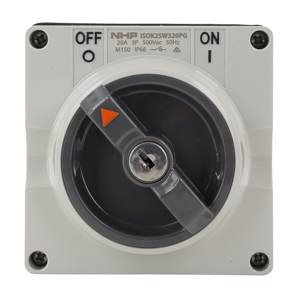 NHP ISO Surface Switch - Key, Lock in ON/OFF, 3 Pole 20A 500V AC, w/o Base, Grey