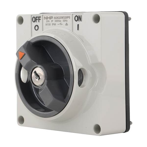NHP ISO Surface Switch - Key, Lock in ON/OFF, 3 Pole 20A 500V AC, w/o Base, Grey