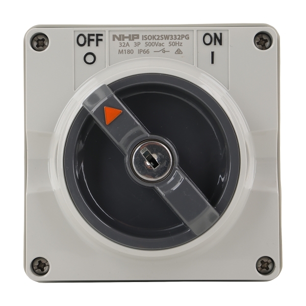 NHP ISO Surface Switch - Key, Lock in ON/OFF, 3 Pole 32A 500V AC, w/ Base, Grey