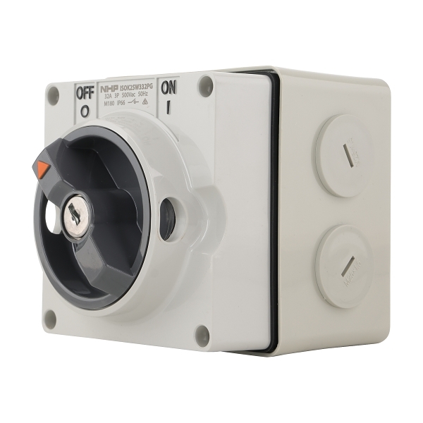 NHP ISO Surface Switch - Key, Lock in ON/OFF, 3 Pole 32A 500V AC, w/ Base, Grey