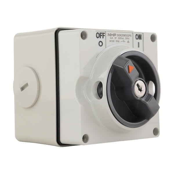 NHP ISO Surface Switch - Key, Lock in ON/OFF, 3 Pole 32A 500V AC, w/ Base, Grey