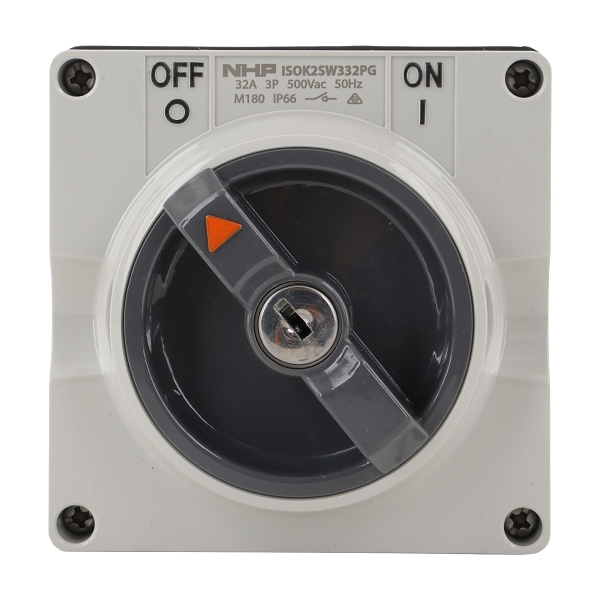 NHP ISO Surface Switch - Key, Lock in ON/OFF, 3 Pole 32A 500V AC, w/o Base, Grey