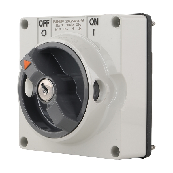 NHP ISO Surface Switch - Key, Lock in ON/OFF, 3 Pole 32A 500V AC, w/o Base, Grey