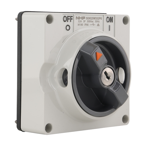 NHP ISO Surface Switch - Key, Lock in ON/OFF, 3 Pole 32A 500V AC, w/o Base, Grey