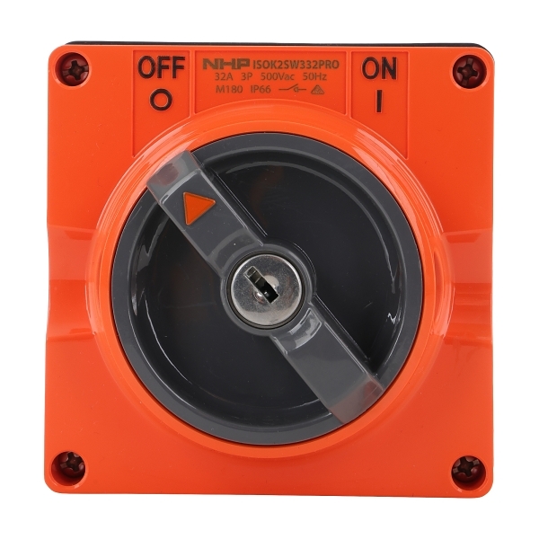 NHP ISO Surface Switch - Key, Lock in ON/OFF, 3 Pole 32A 500V AC, w/o Base, Resistant Orange