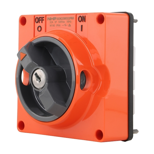 NHP ISO Surface Switch - Key, Lock in ON/OFF, 3 Pole 32A 500V AC, w/o Base, Resistant Orange
