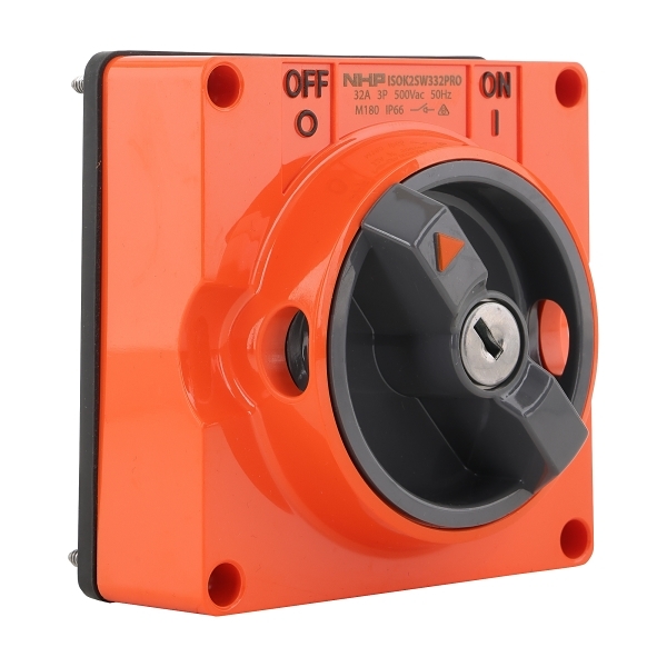 NHP ISO Surface Switch - Key, Lock in ON/OFF, 3 Pole 32A 500V AC, w/o Base, Resistant Orange