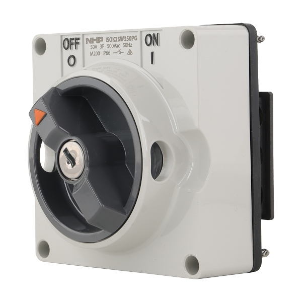 NHP ISO Surface Switch - Key, Lock in ON/OFF, 3 Pole 50A 500V AC, w/o Base, Grey
