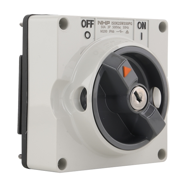 NHP ISO Surface Switch - Key, Lock in ON/OFF, 3 Pole 50A 500V AC, w/o Base, Grey