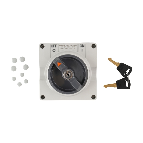NHP ISO Surface Switch - Key, Lock in ON/OFF, 3 Pole 50A 500V AC, w/o Base, Grey