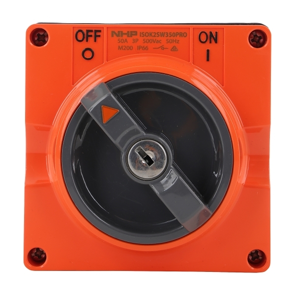 NHP ISO Surface Switch - Key, Lock in ON/OFF, 3 Pole 50A 500V AC, w/o Base, Resistant Orange