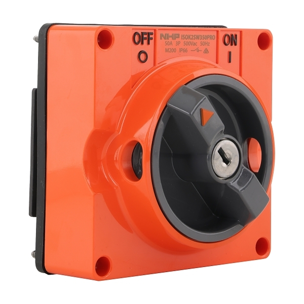 NHP ISO Surface Switch - Key, Lock in ON/OFF, 3 Pole 50A 500V AC, w/o Base, Resistant Orange