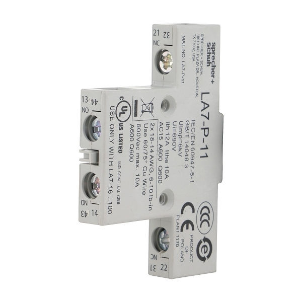 Sprecher and Schuh L7 Auxiliary Contact 1 N.O + 1 N.C for LA716 to LA7100