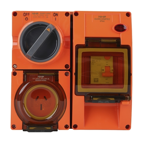 NHP ISO Switched Socket Outlet - RCD, 3 Flat Pins 15A 250V AC, w/ Base, RO