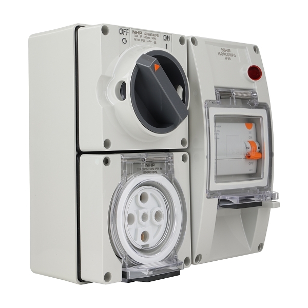 NHP ISO Switched Socket Outlet - RCD, 5 Round Pins 32A 500V AC, w/ Base, GY