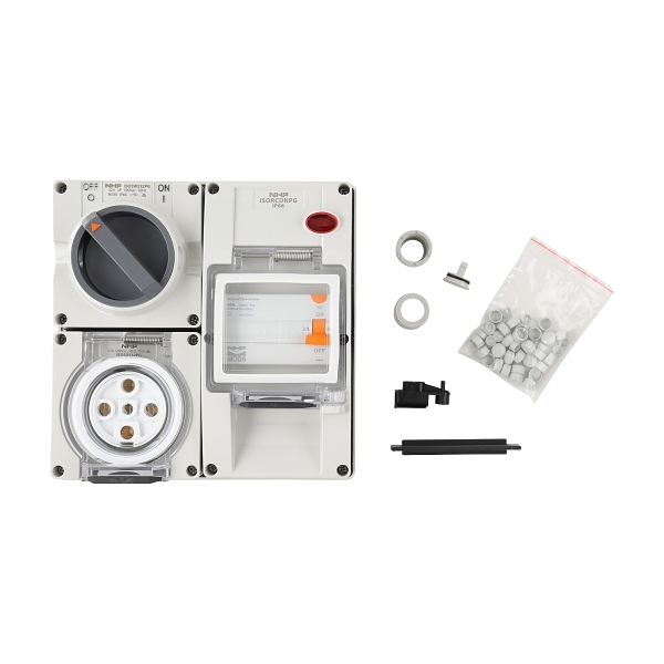 NHP ISO Switched Socket Outlet - RCD, 5 Round Pins 32A 500V AC, w/ Base, GY