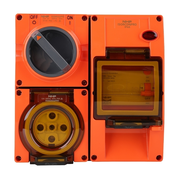 NHP ISO Switched Socket Outlet - RCD, 5 Round Pins 32A 500V AC, w/ Base, RO