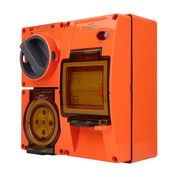 NHP ISO Switched Socket Outlet - RCD, 5 Round Pins 32A 500V AC, w/ Base, RO