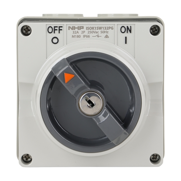 NHP ISO Surface Switch - Key, Lock in OFF, 2 Pole 32A 250V AC, w/ Base, Grey