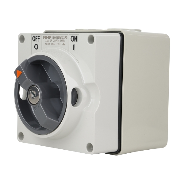 NHP ISO Surface Switch - Key, Lock in OFF, 2 Pole 32A 250V AC, w/ Base ...