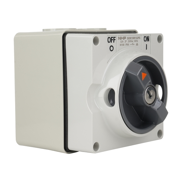 NHP ISO Surface Switch - Key, Lock in OFF, 2 Pole 32A 250V AC, w/ Base ...