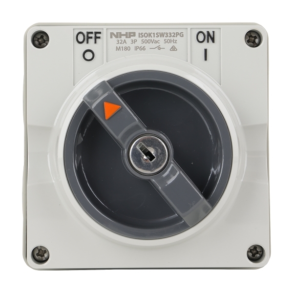 NHP ISO Surface Switch - Key, Lock in OFF, 3 Pole 32A 500V AC, w/ Base, Grey