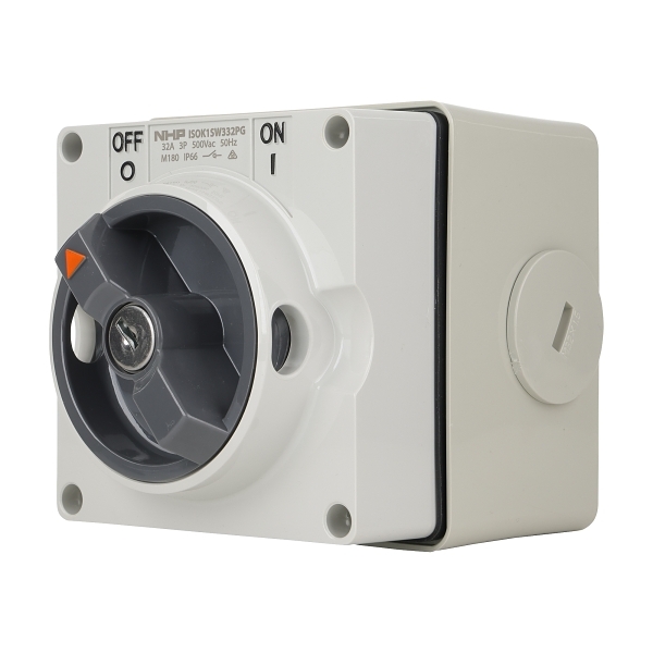 NHP ISO Surface Switch - Key, Lock in OFF, 3 Pole 32A 500V AC, w/ Base, Grey