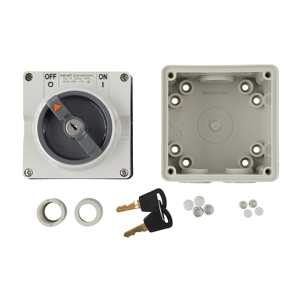 NHP ISO Surface Switch - Key, Lock in OFF, 3 Pole 32A 500V AC, w/ Base, Grey