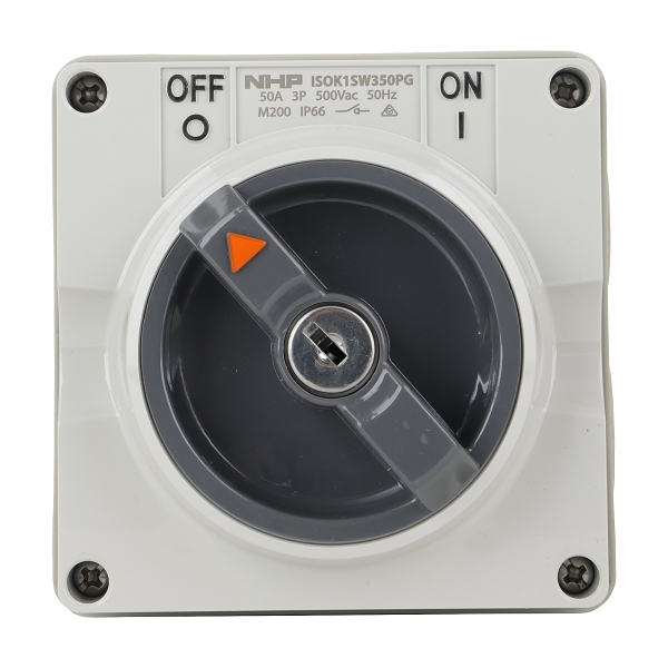 NHP ISO Surface Switch - Key, Lock in OFF, 3 Pole 50A 500V AC, w/ Base, Grey