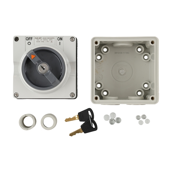 NHP ISO Surface Switch - Key, Lock in OFF, 3 Pole 50A 500V AC, w/ Base, Grey