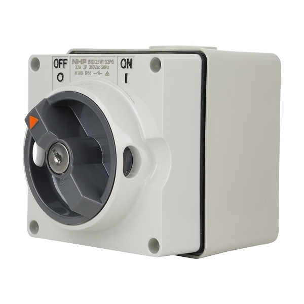 NHP ISO Surface Switch - Key, Lock in ON/OFF, 2 Pole 32A 250V AC, w/ Base, Grey