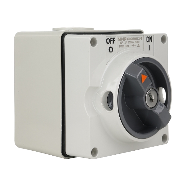 NHP ISO Surface Switch - Key, Lock in ON/OFF, 2 Pole 32A 250V AC, w/ Base, Grey