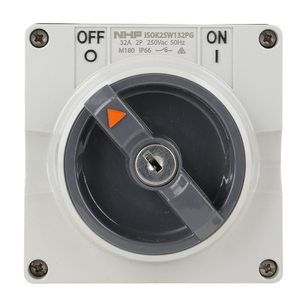 NHP ISO Surface Switch - Key, Lock in ON/OFF, 2 Pole 32A 250V AC, w/o ...